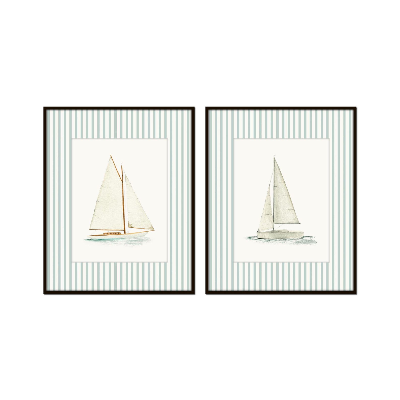 Watercolor Sailboat Prints, Striped Border, Seafoam Coastal Art, Beach ...