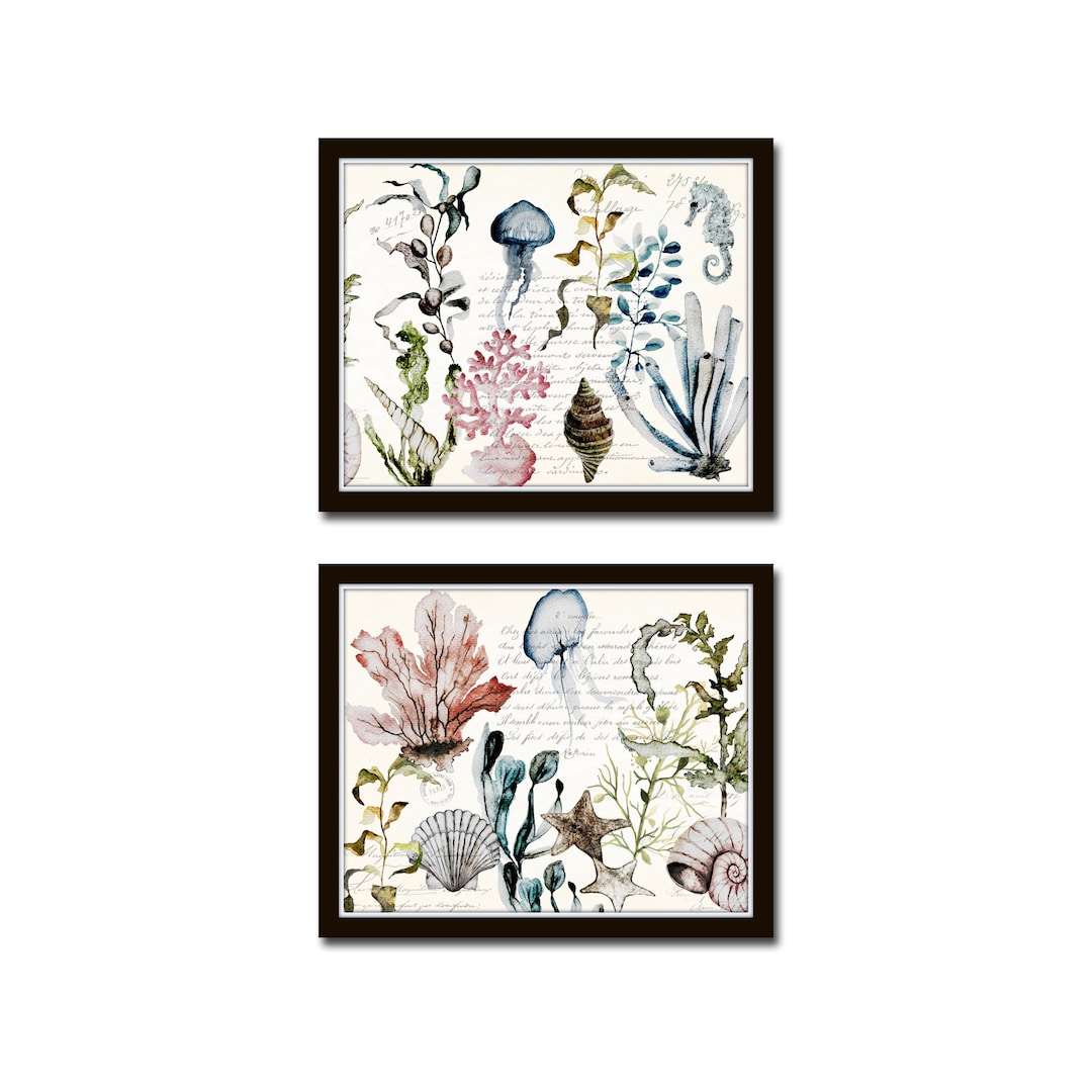 French Sea Life Watercolor Collage Print Set, Coastal Wall Art, Giclee ...