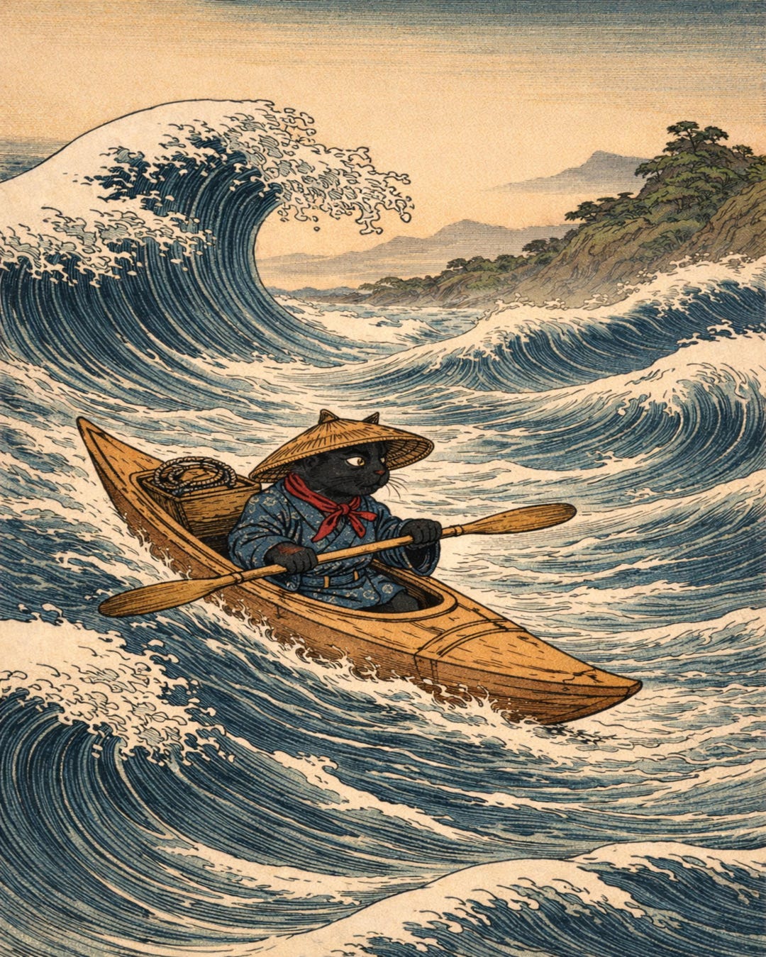 Japanese Style Cat Kayak Wall Art | Dramatic Ocean Illustration ...