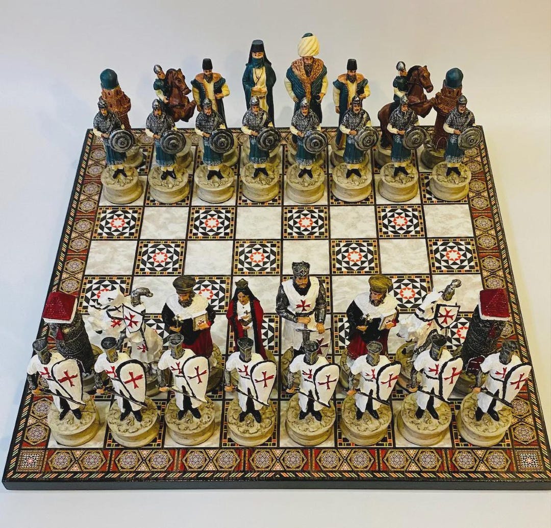 XL Crusaders Chess Set – Hand Painted Knights & Handmade Wooden Board ...