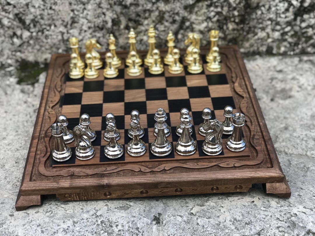 Handmade Vintage Chess Set – Solid Walnut Wood Board With Carved Brass ...