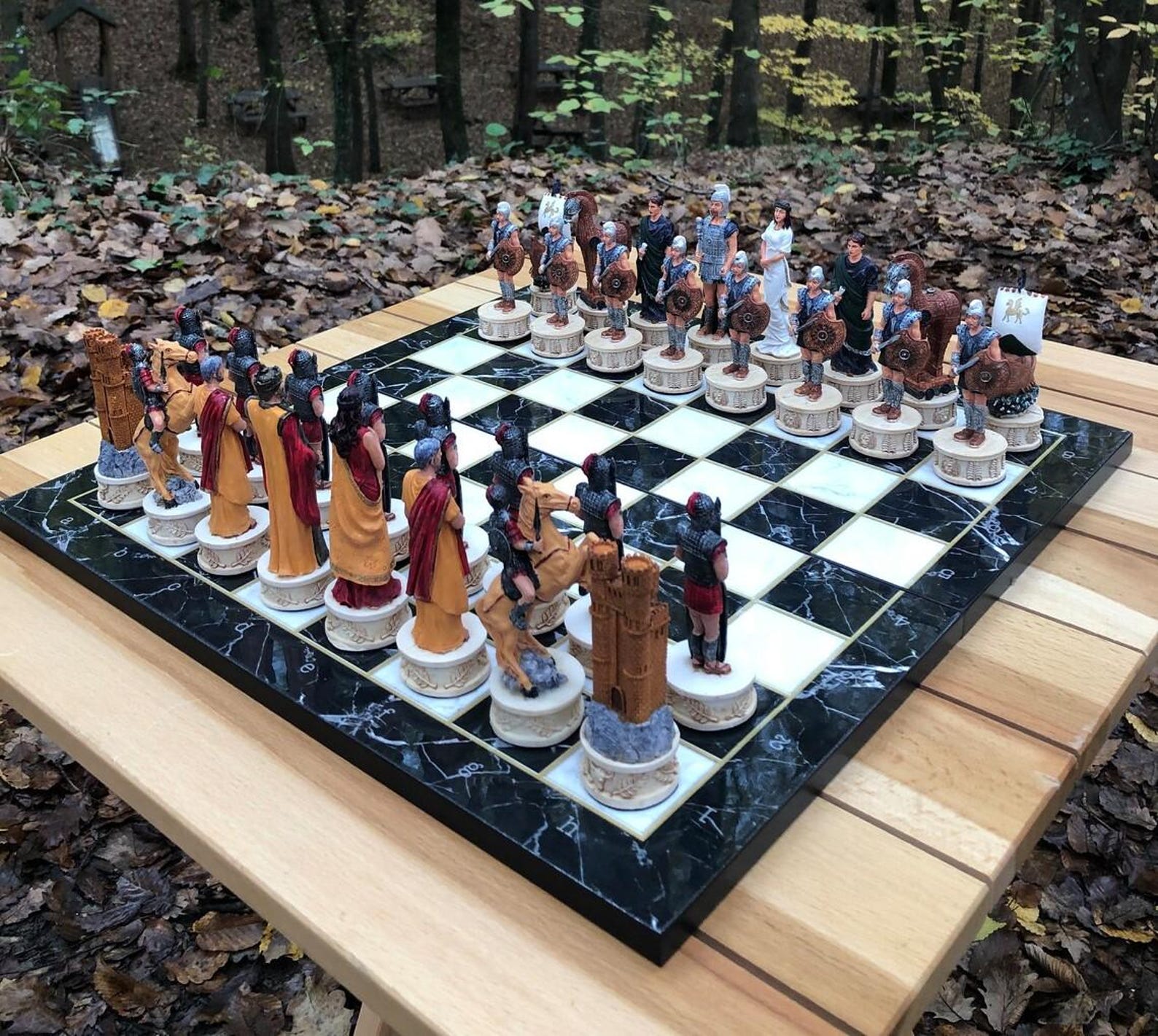 Chess Set X Large Hand-painted Trojan Vs Sparta & Handmade Marble ...