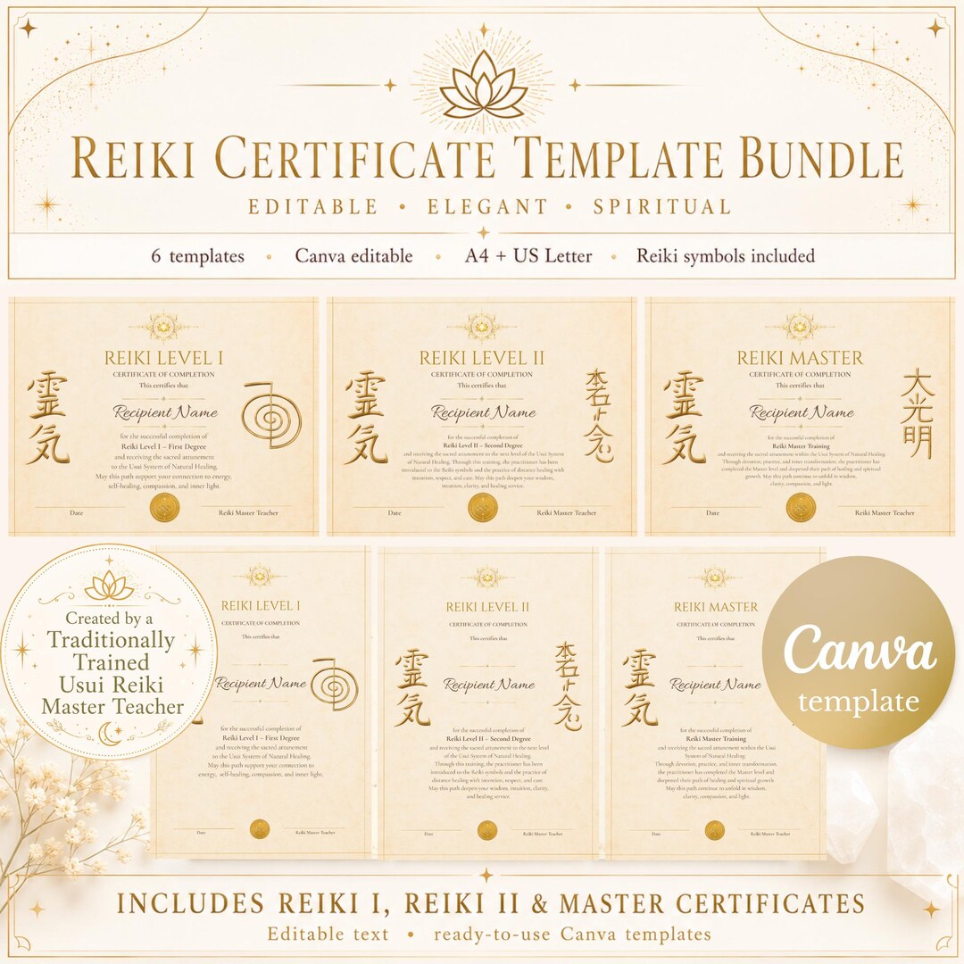 Reiki Certificate Template Bundle Canva, Editable Reiki Certificates ...