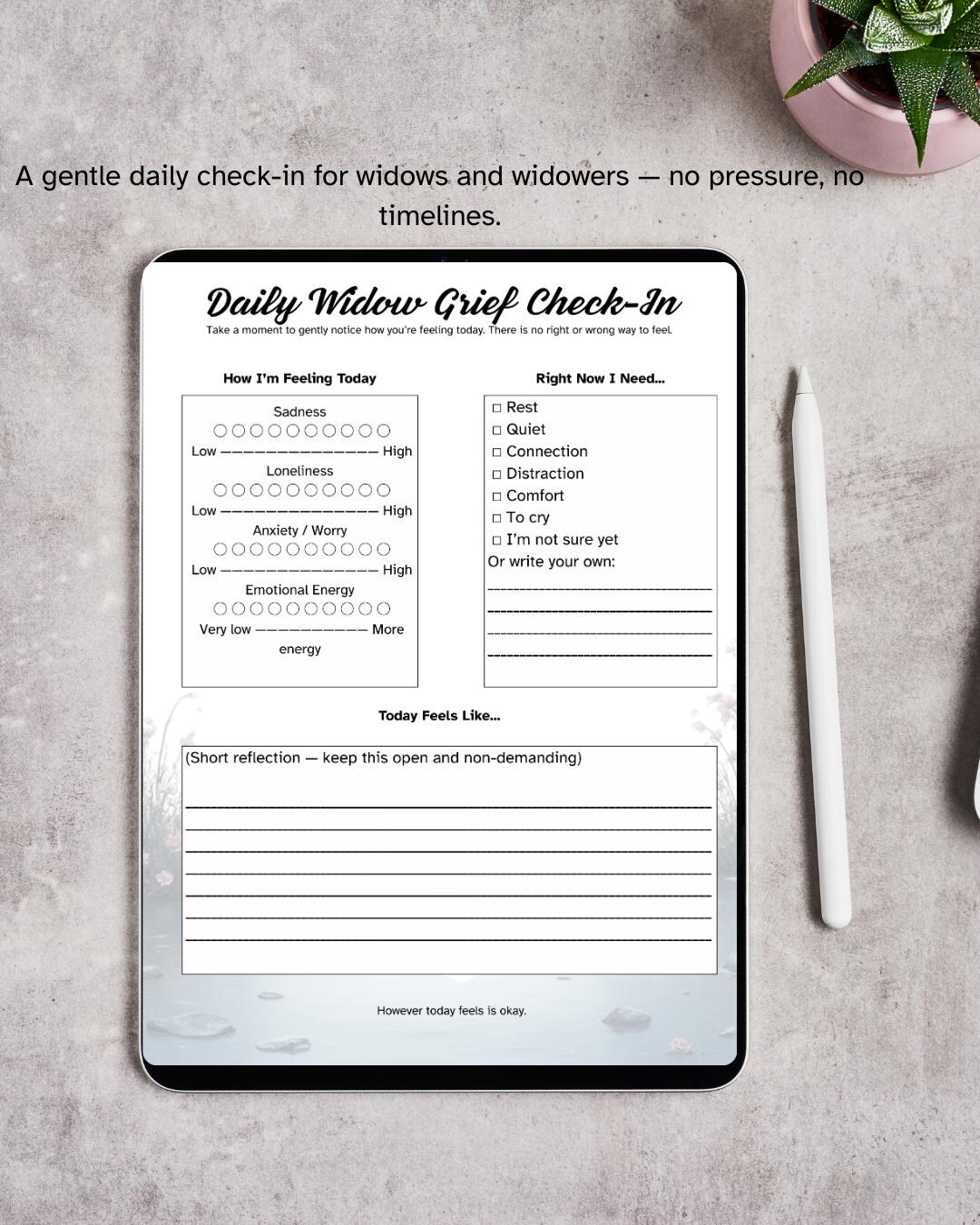 Daily Widow Grief Check-in Printable | Gentle Emotional Support After ...