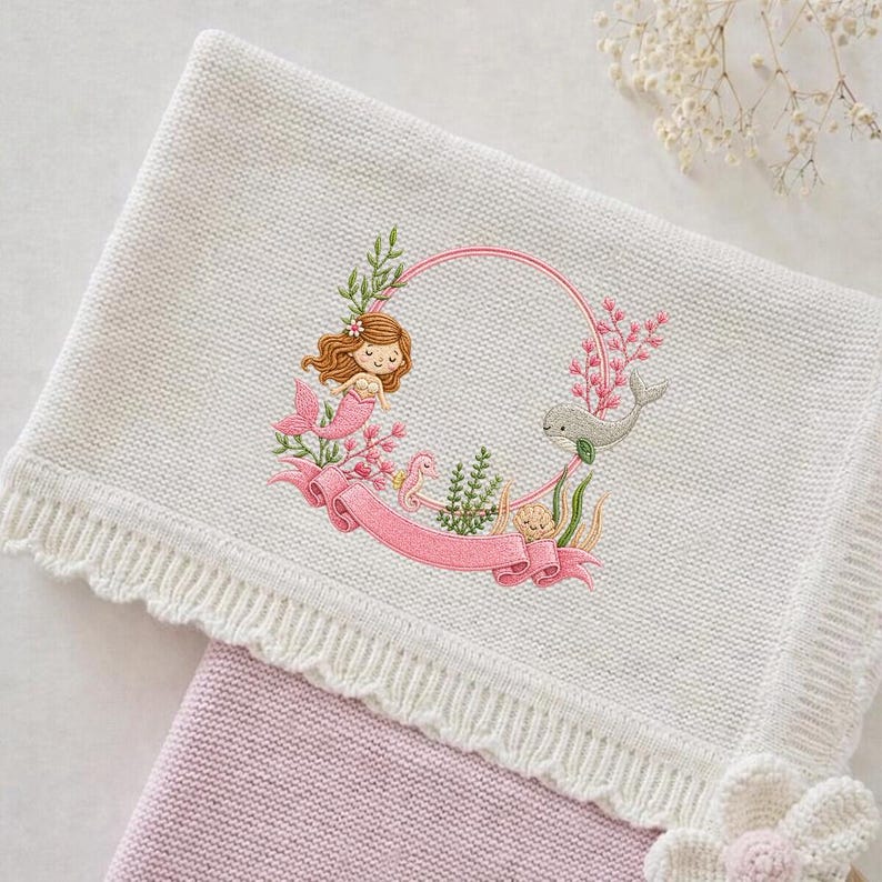 Mermaid Sea Frame Machine Embroidery Pattern, Whale Seahorse Pink ...