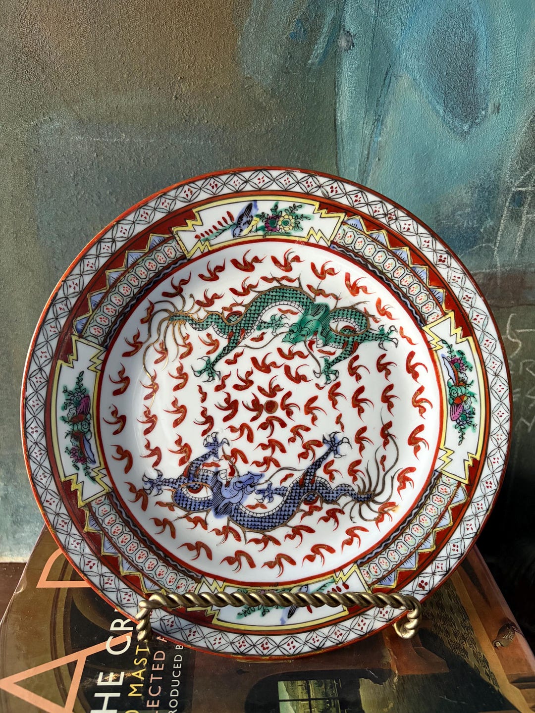 Old Chinese Porcelain Plate. Hand Painted Double Dragons Yin/yang ...