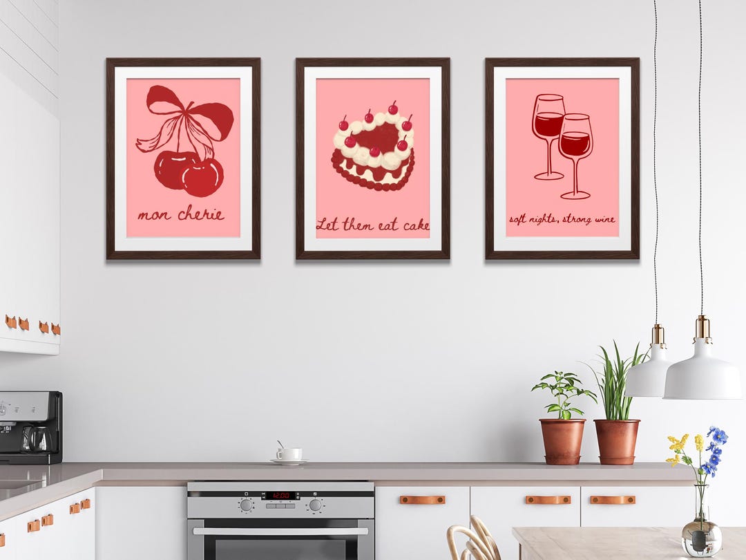 Coquette Kitchen Wall Art Set | Pink & Burgundy Quotes Prints | Vintage ...