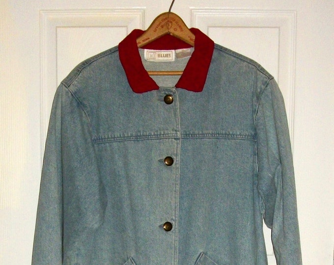 Vintage 1980s Blue Jean Denim Barn Coat Duster Jacket Red Corduroy ...