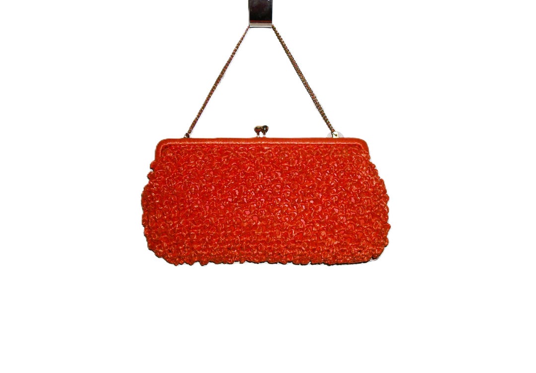 Vintage 1960s Orange Coral Clutch Bag W/ Brass Kiss Lock Top & Hang ...