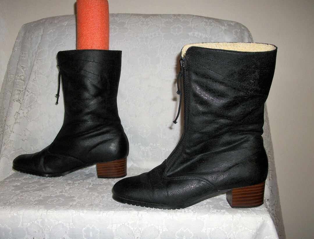 Vintage 1960s Black Leather Sherpa Boots Faux Fur Lined Zip Front by ...