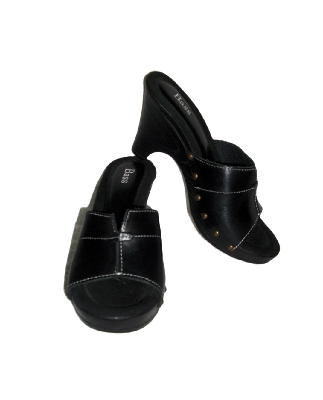 Vintage Black Leather Open Toe Slides Slip on Wedge Sandals by Bass ...