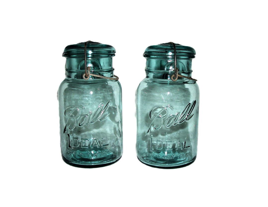 Antique Blue Glass Ball Ideal Mason Jars W/ Wire Bale & Glass Top ...