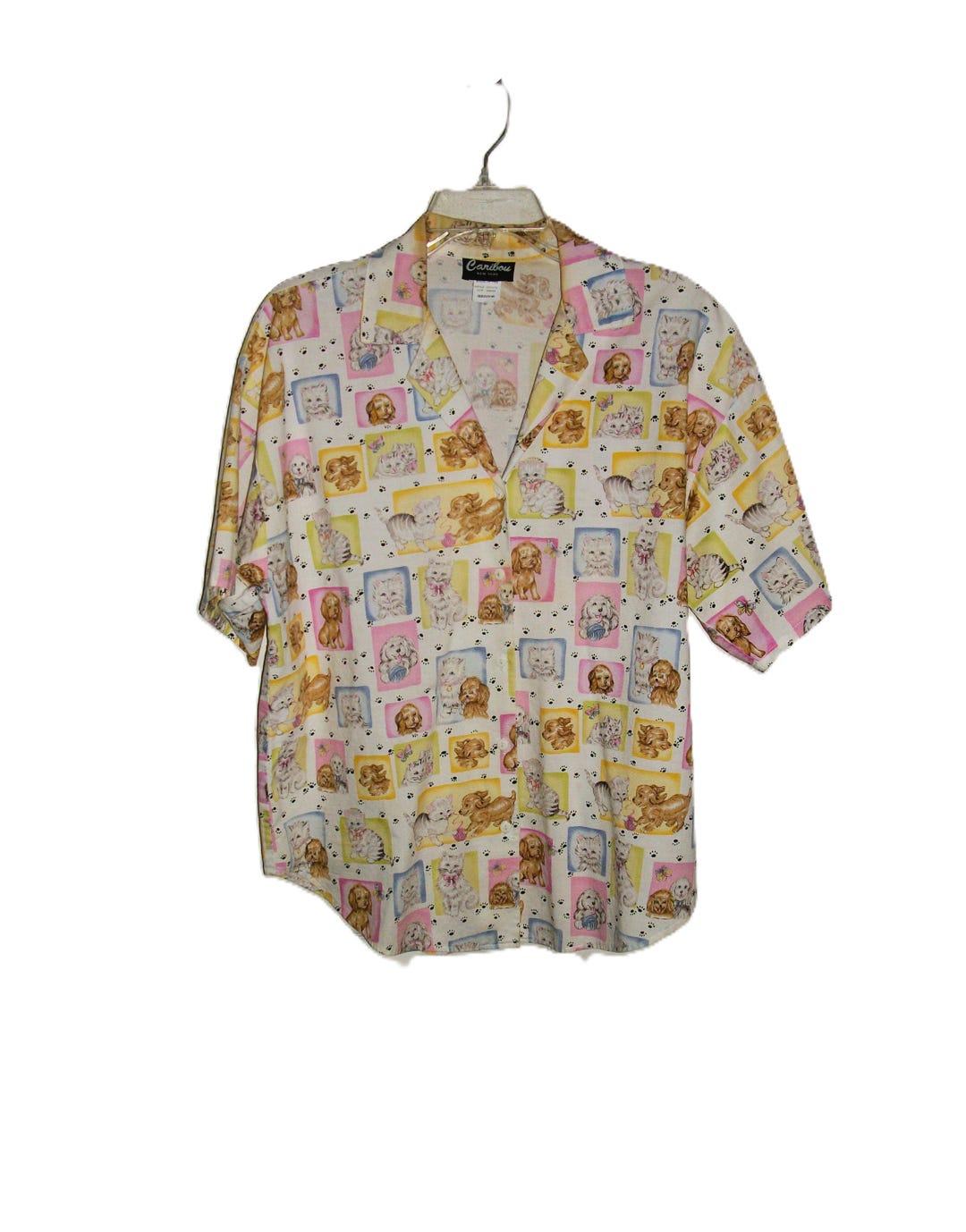 Vintage Blouse Puppy Dog Kitty Cat Print Shirt Caribou Medium Only 16 ...