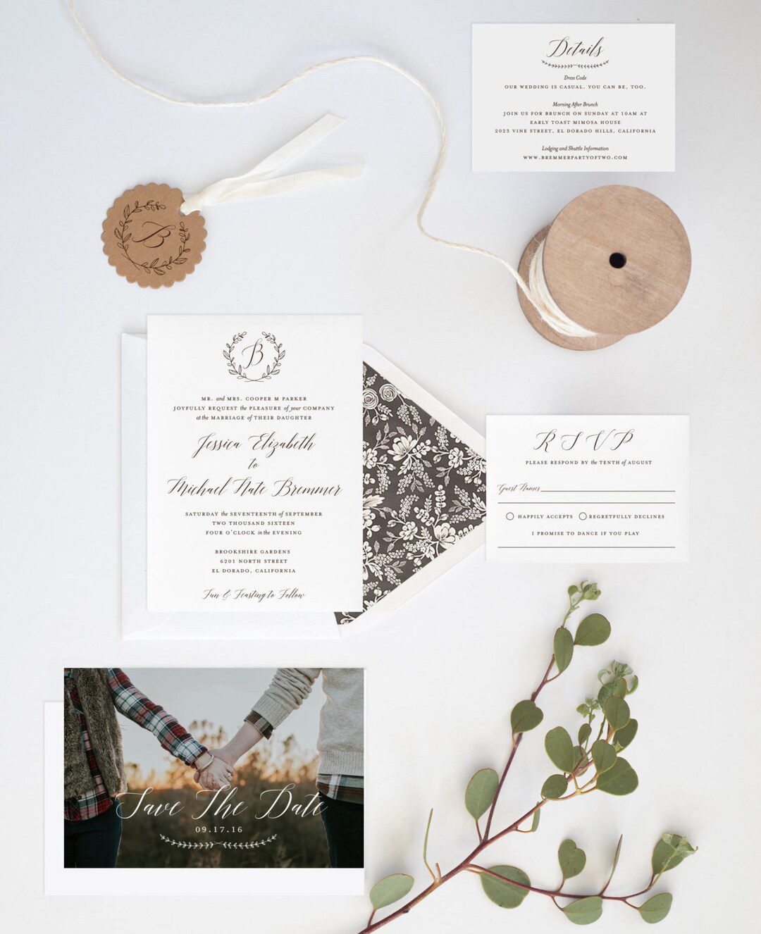 Monogram Laurel Calligraphy Wedding Invitation Suite Printable - Etsy