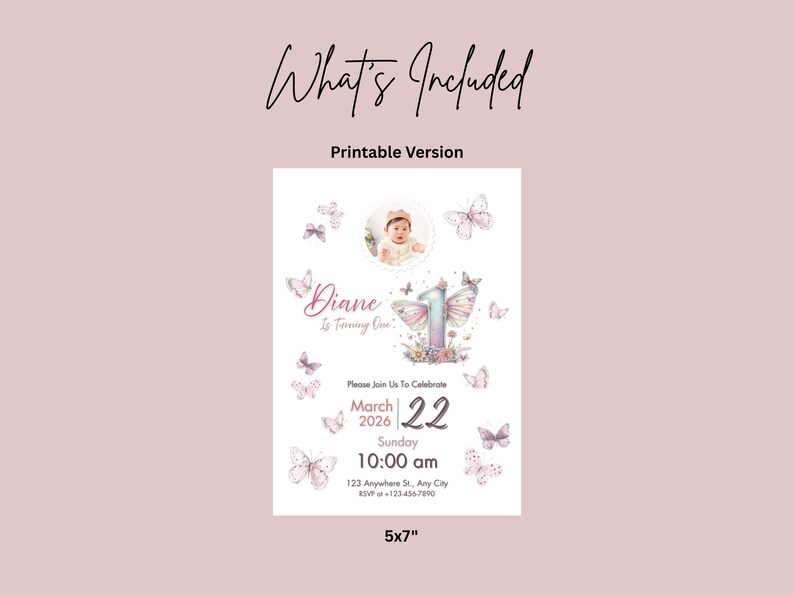 Butterfly 1st Birthday Invitation Girl, Pink Pastel Photo, Editable ...