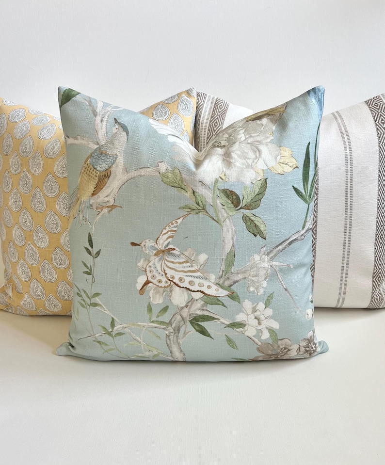 Light Blue and Green Bird and Butterfly Floral Linen Decorative Pillow ...