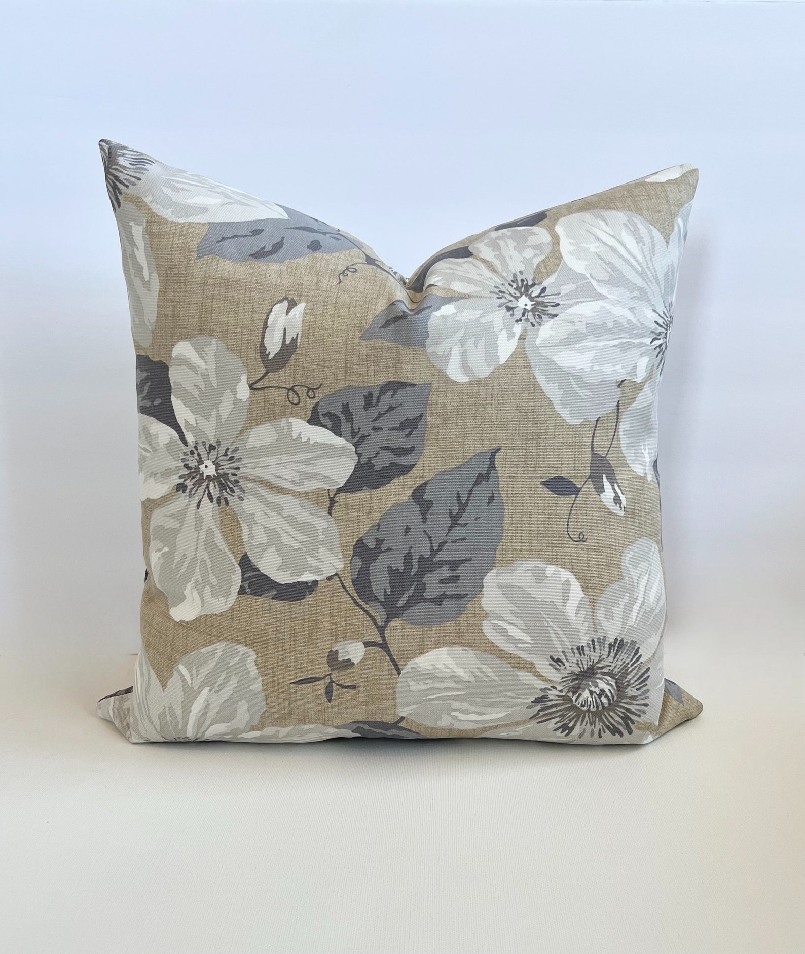 Beige, Gray and White Floral Magnolia Decorative Pillow Cover, Double ...