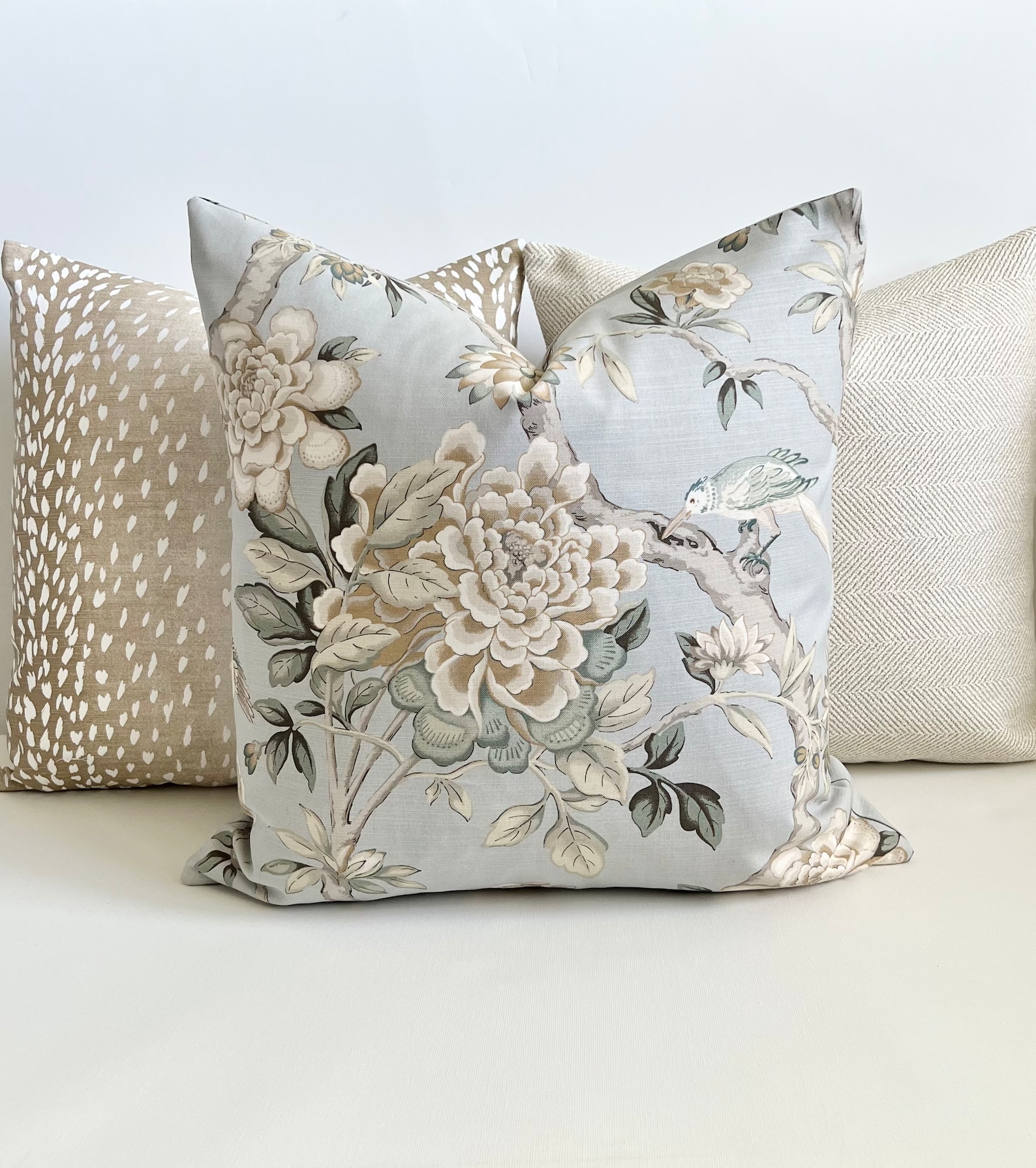 Light Gray, Beige and Green Bird Floral Decorative Pillow Cover - Etsy