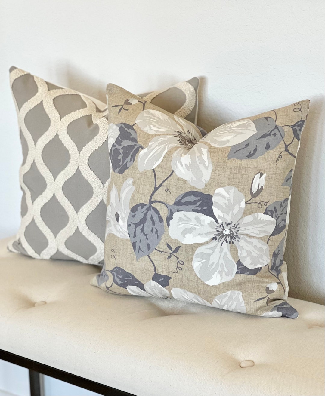 Beige, Gray and White Floral Magnolia Decorative Pillow Cover, Double ...
