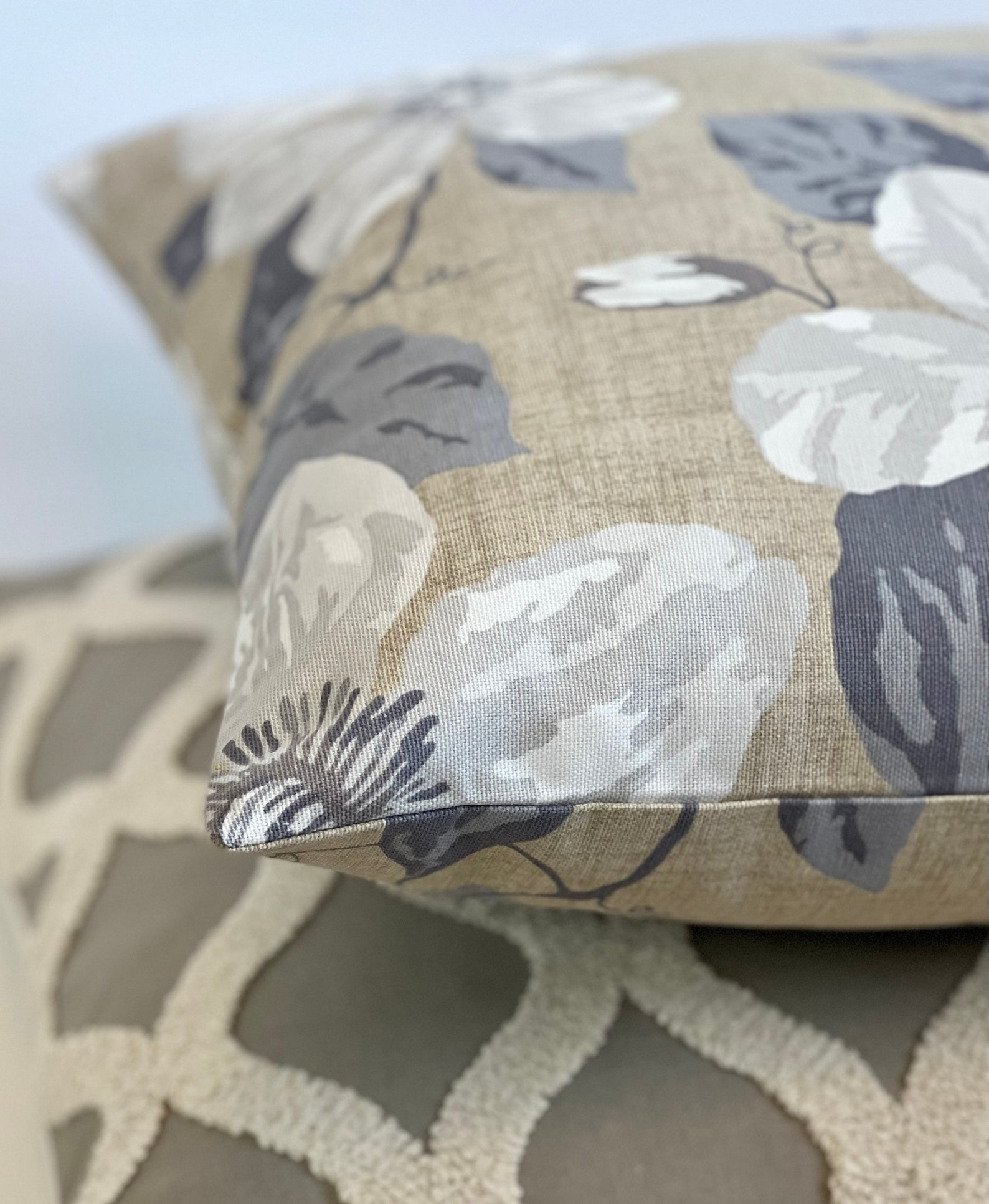 Beige, Gray and White Floral Magnolia Decorative Pillow Cover, Double ...