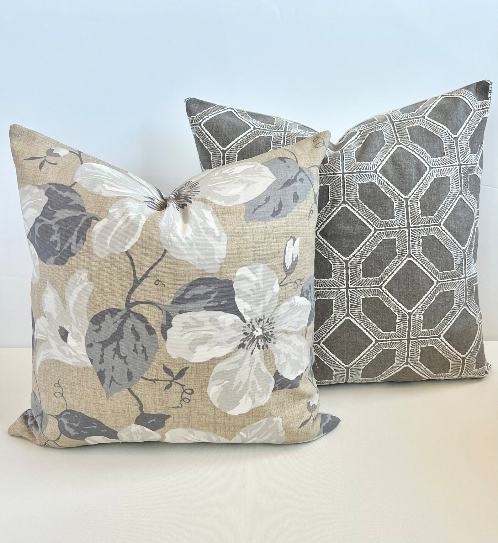 Beige, Gray and White Floral Magnolia Decorative Pillow Cover, Double ...