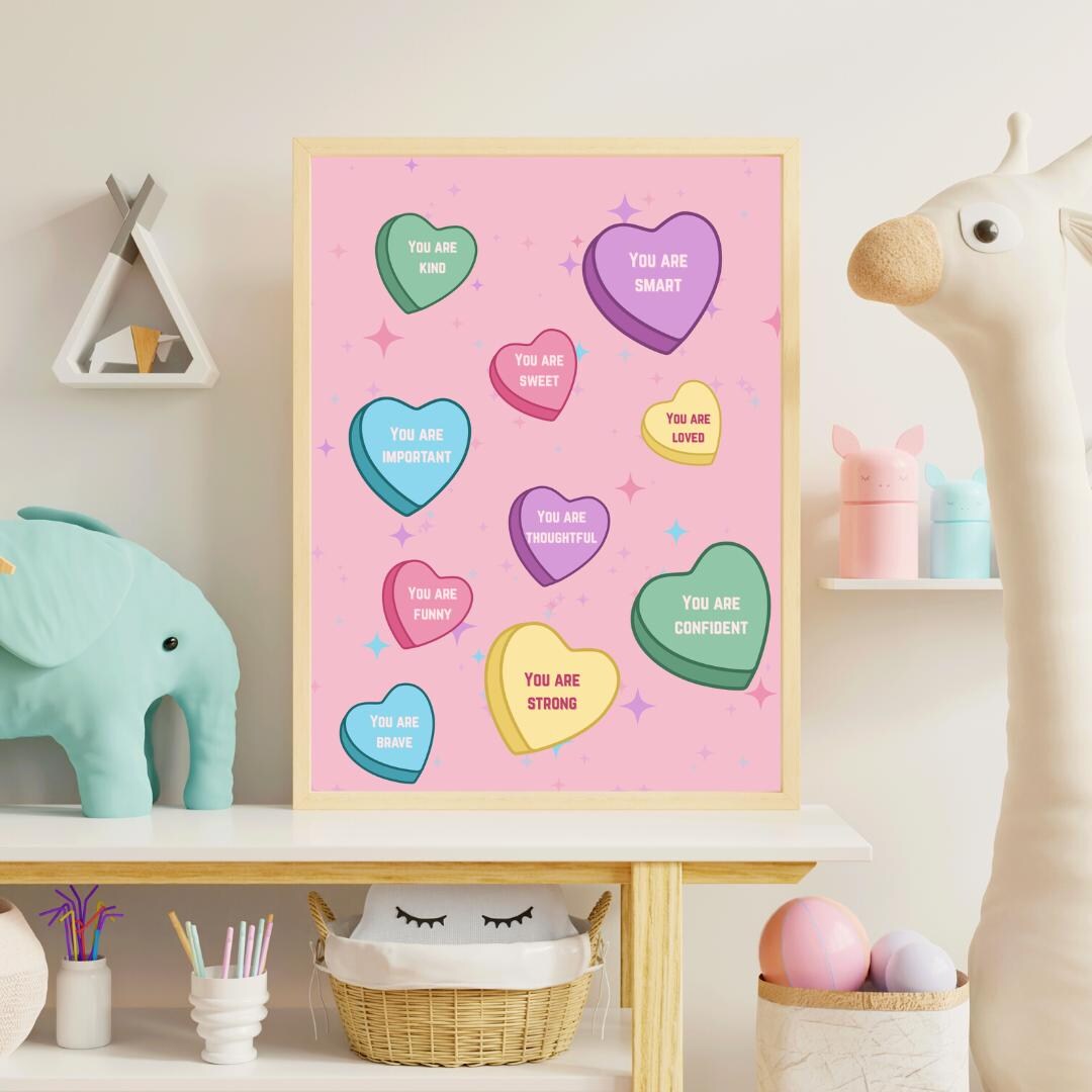 Daily Affirmations Wall Art Digital Download, Candy Heart Decor, Pink ...