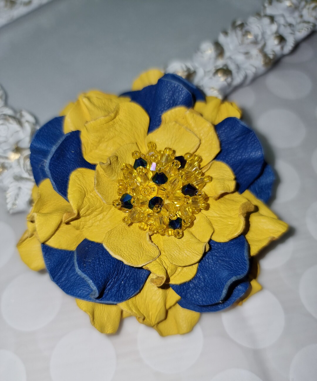 Natural Leather Flower Brooch Yellow and Blue, Leather Brooch, Rose ...