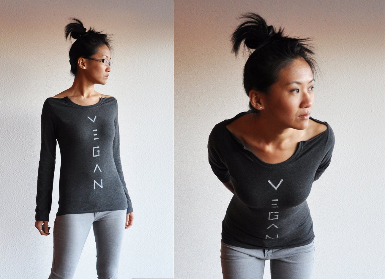Vegan Top : Charcoal Open-Neck New Long Sleeve LOVE PEACE | Etsy