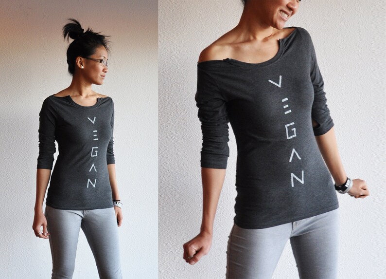 Vegan Top : Charcoal Open-Neck New Long Sleeve LOVE PEACE | Etsy