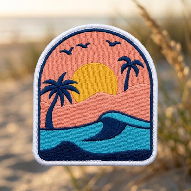 Retro Sunset Palm Tree Ocean Patch, Vintage Beach Wave Landscape ...