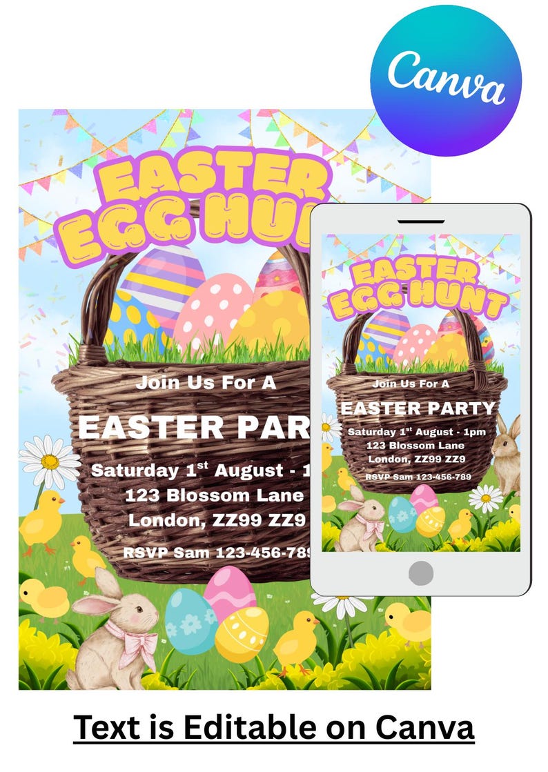 Easter Egg Hunt Invitation Template Editable Canva Invite Kids Easter ...