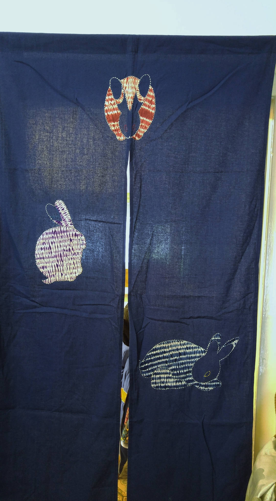 Japanese cotton sashiko noren with rabbit. 145 cm long 84 cm wide approx