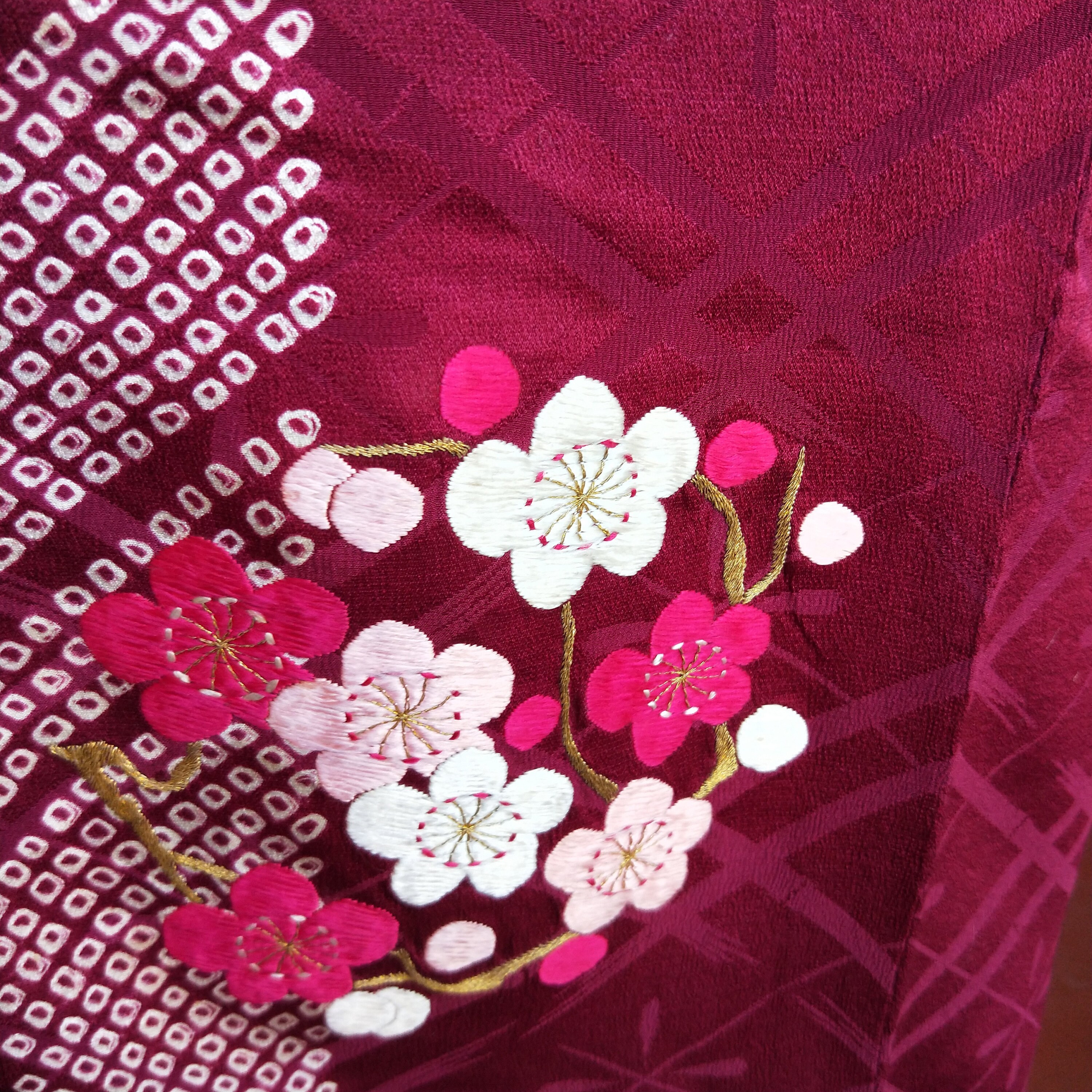 Antique Japanese rinzu fine weaves purple wine, silk kimono with ...