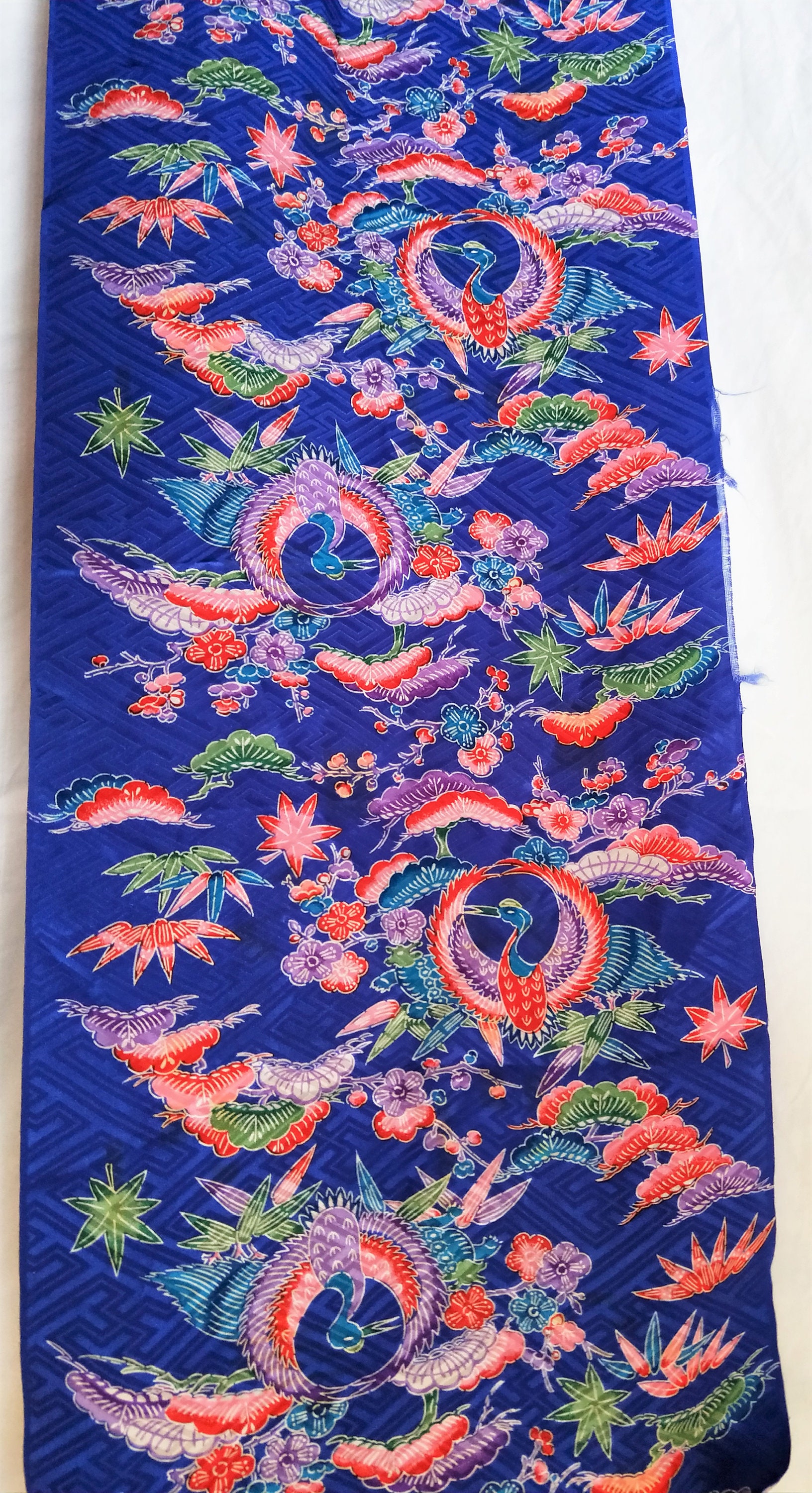 Vintage Japanese kimono fabric blue cranes, synthetic 100 cm x 35 cm ...