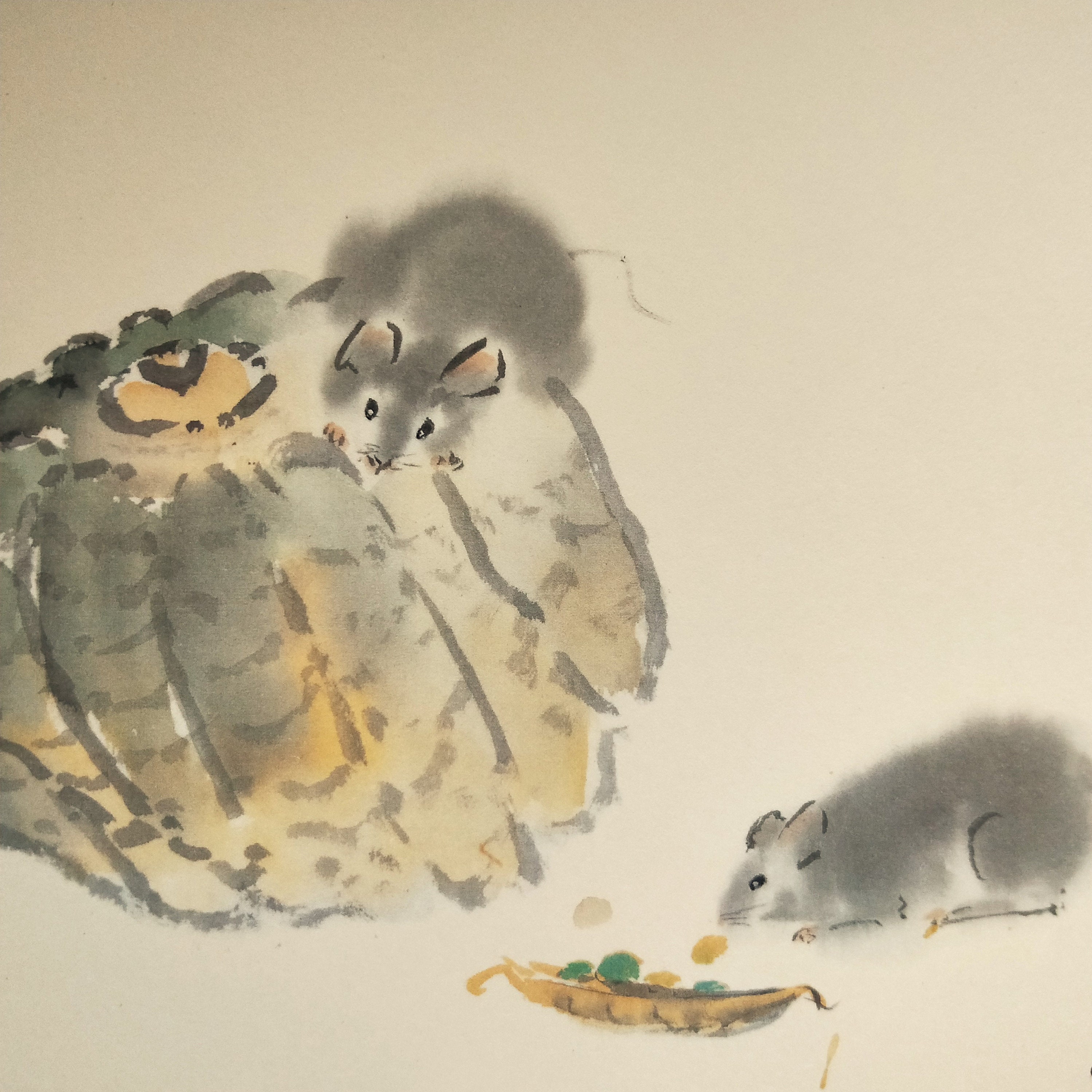Vintage Japanese shikishi paintings print mouse, mice with pumpkin and ...