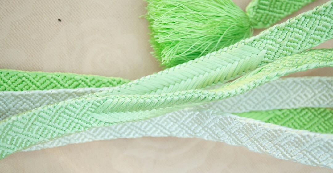 Vintage Japanese Silk Kumi-himo Obi-jime Cord for Obi Green and White ...