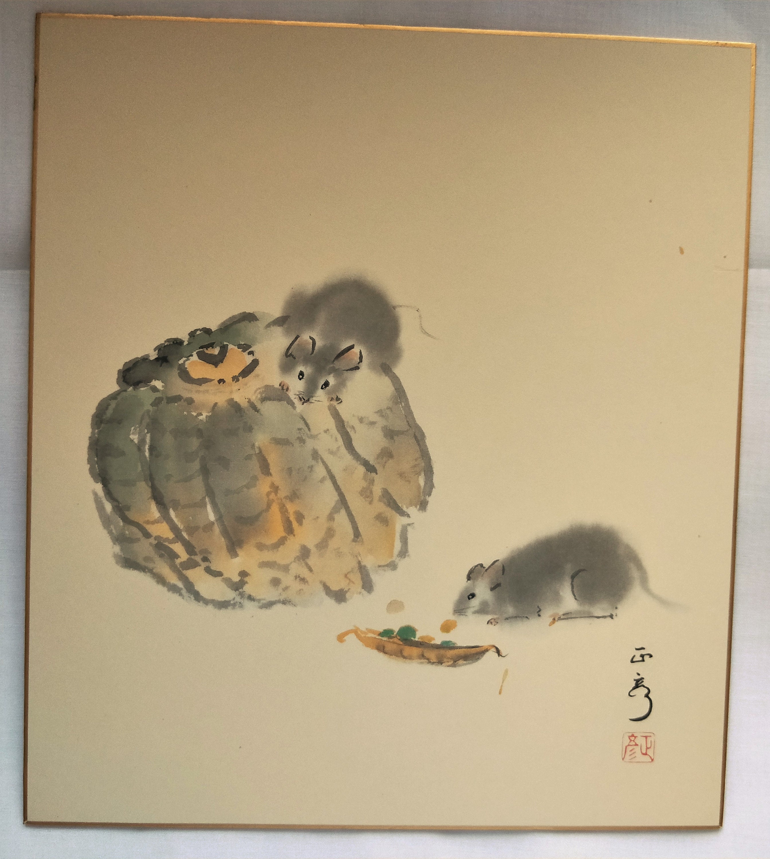 Vintage Japanese shikishi paintings print mouse, mice with pumpkin and ...