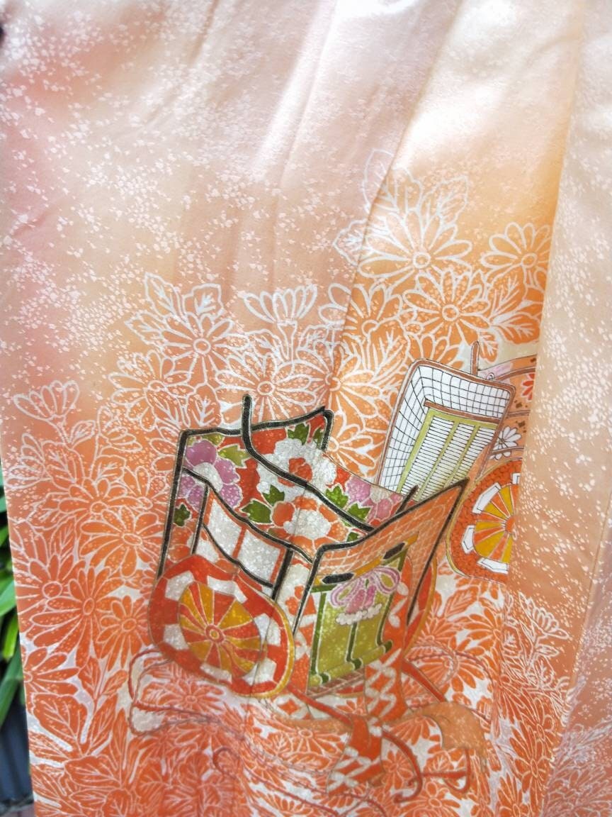 Vintage Japanese orange bokohashi ombre rinzu silk kimono with royal ...