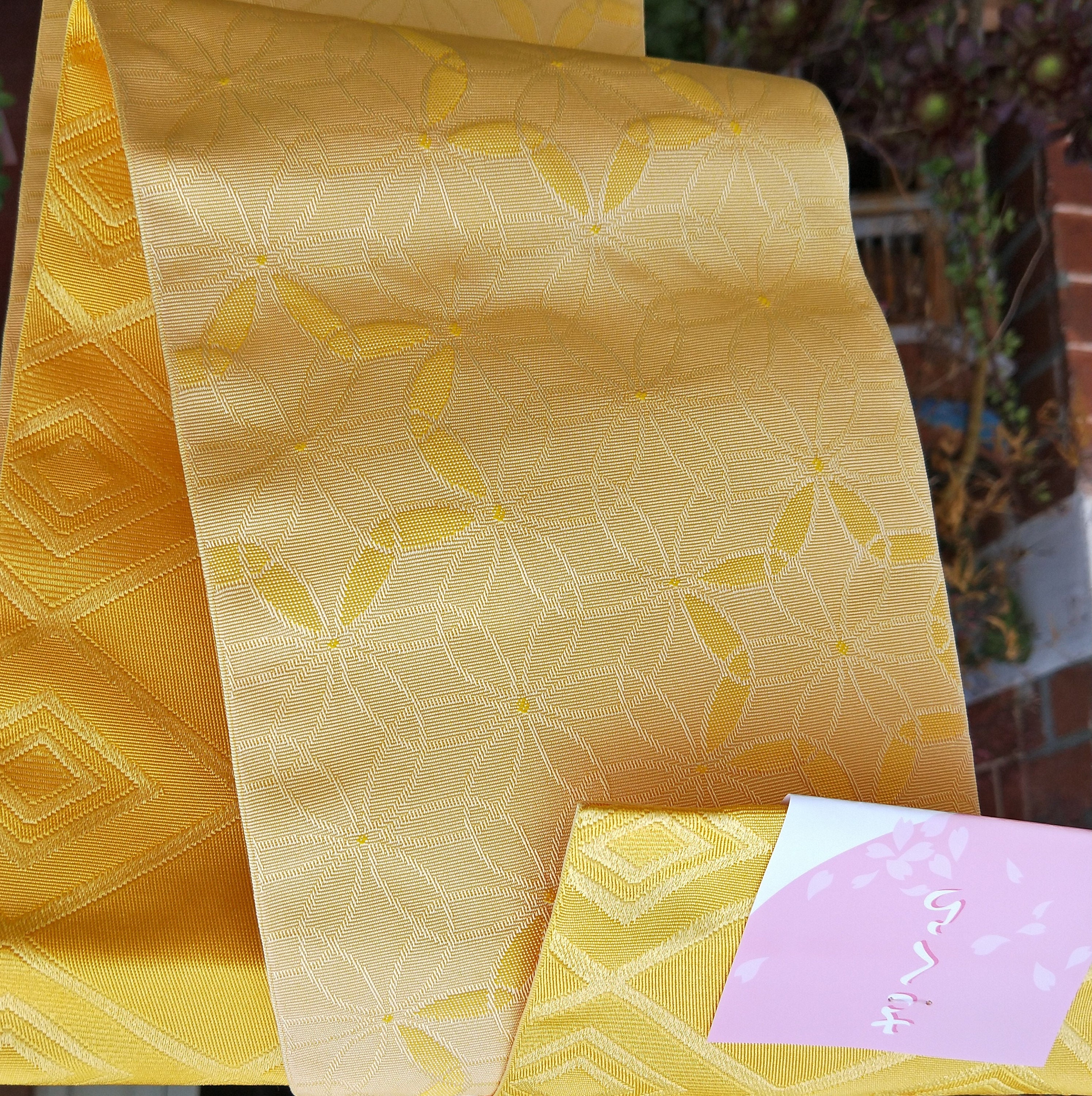 Hanhaba (half-width obi) obi golden yellow with Hishi pattern of ...