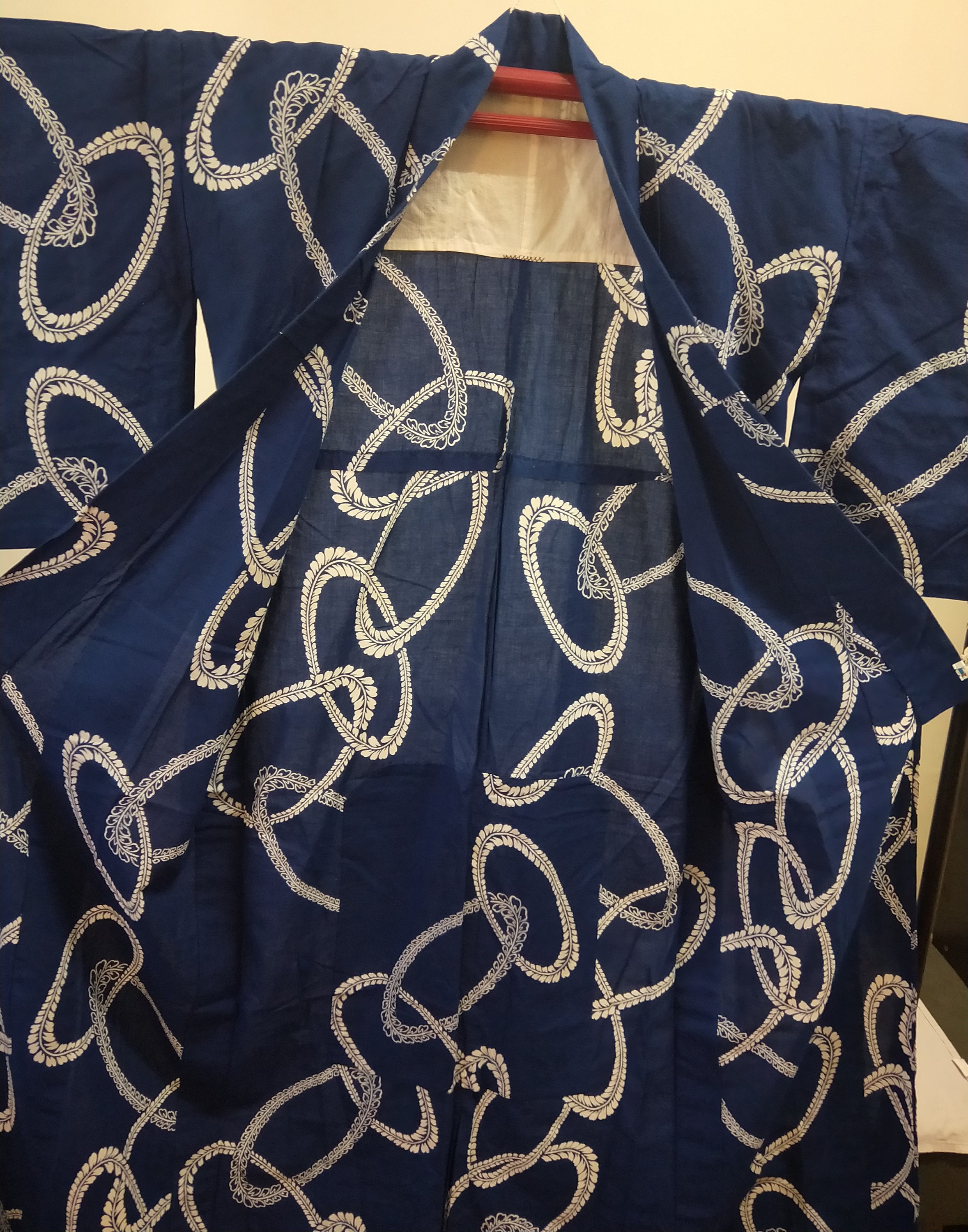 Vintage Japanese cotton yukata kimono indigo blue with leafy fronds ...