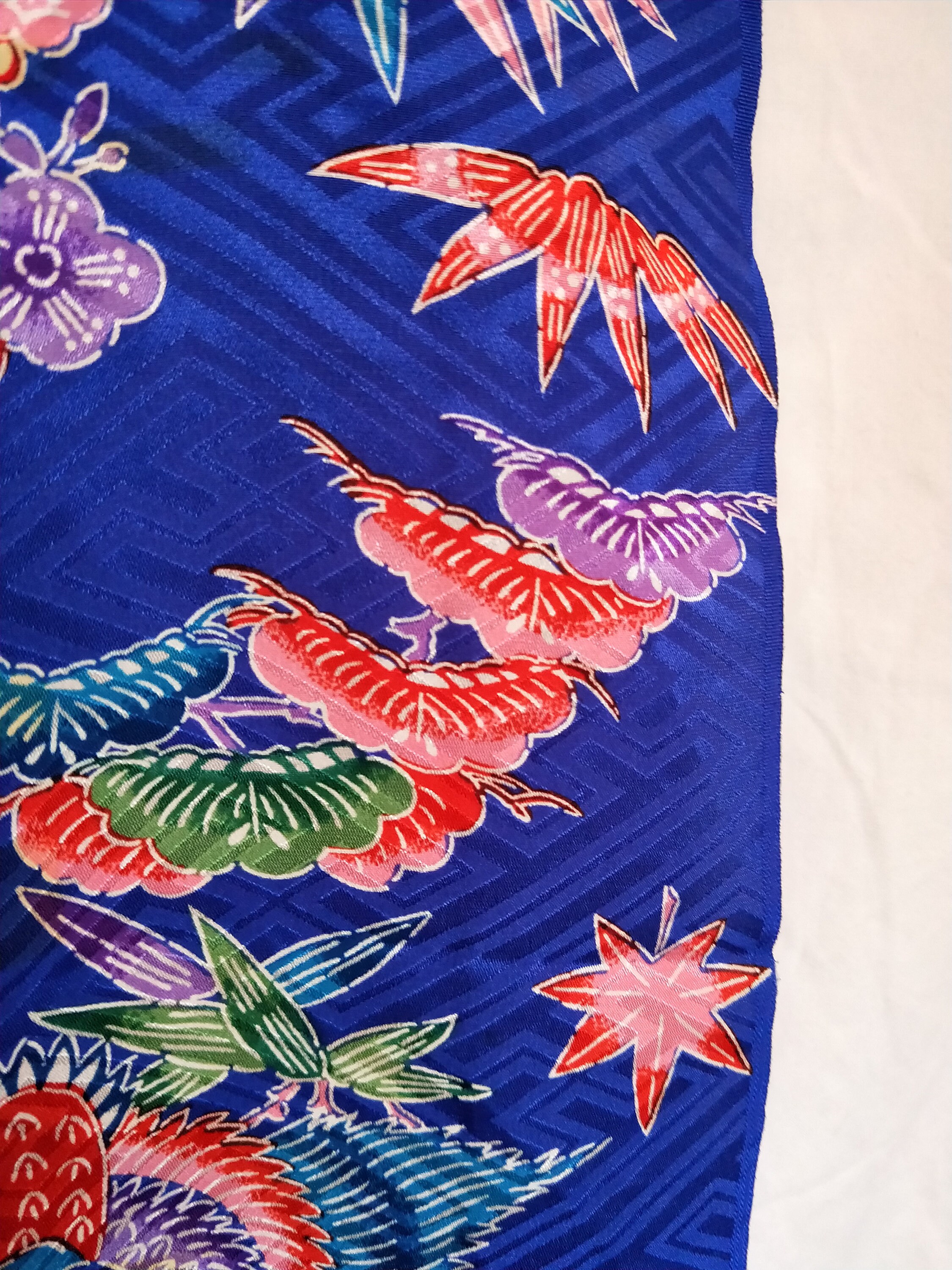 Vintage Japanese kimono fabric blue cranes, synthetic 100 cm x 35 cm ...