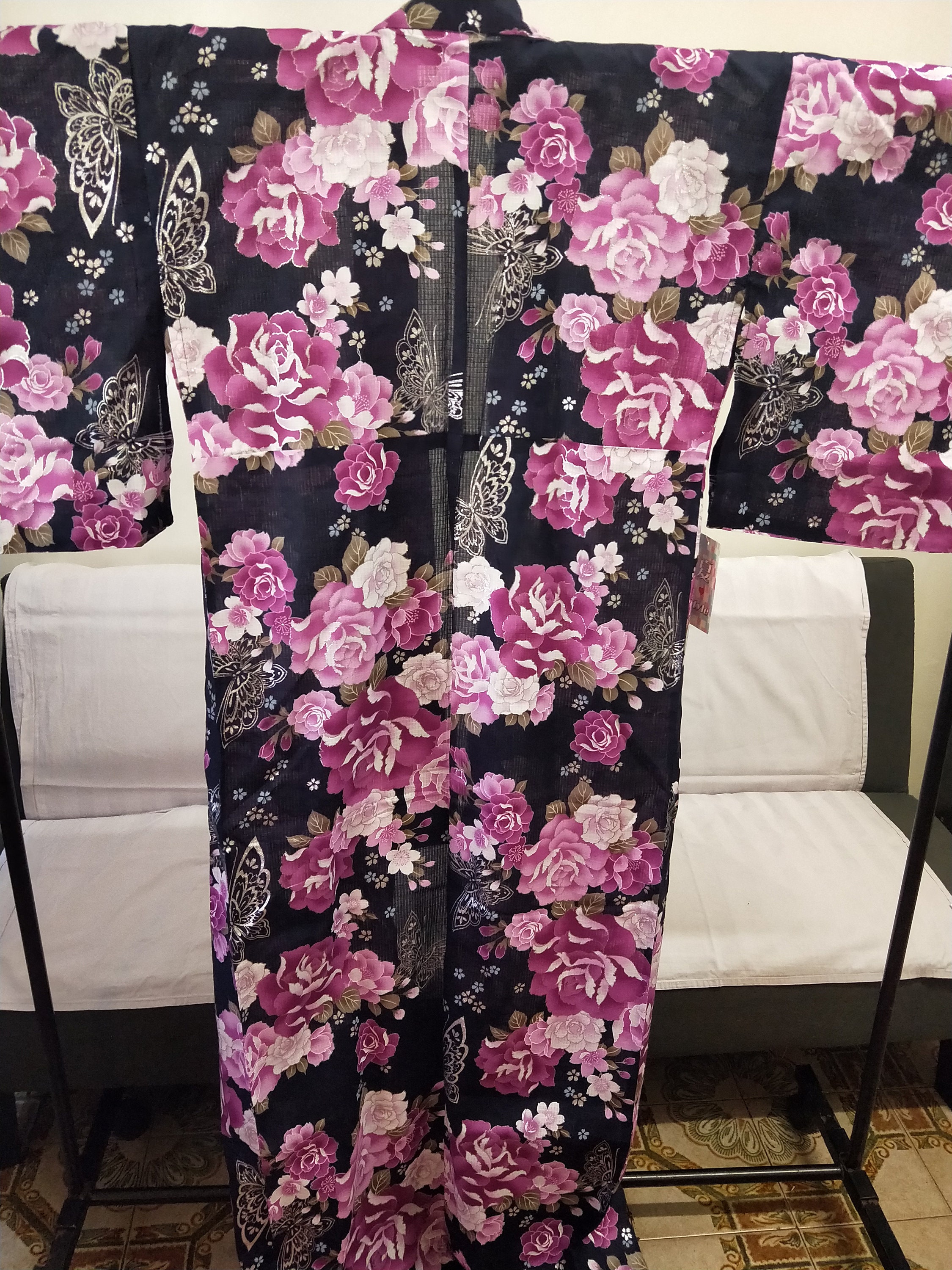 New Japanese cotton yukata butterflies in silver and pink roses, cherry ...
