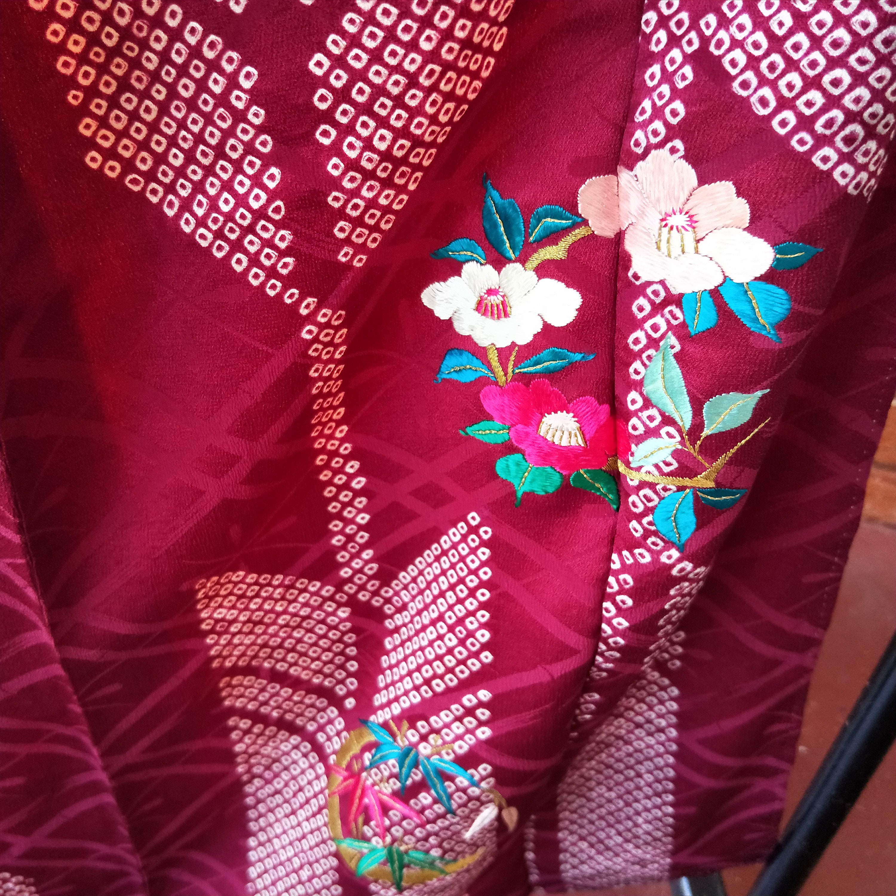 Antique Japanese rinzu fine weaves purple wine, silk kimono with ...