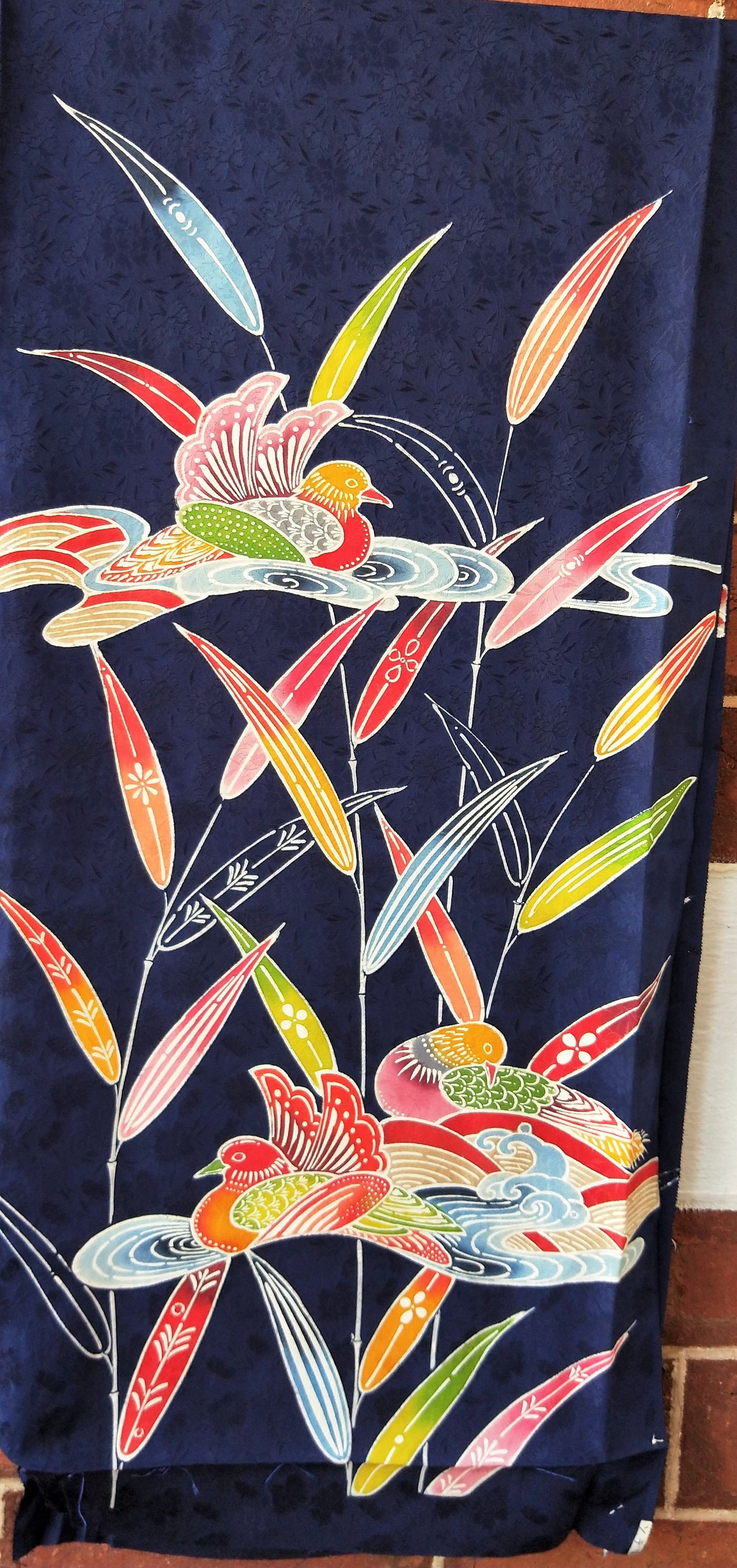 Vintage Japanese silk bingata stencil dyed kimono fabric 76 cm x 36 cm ...