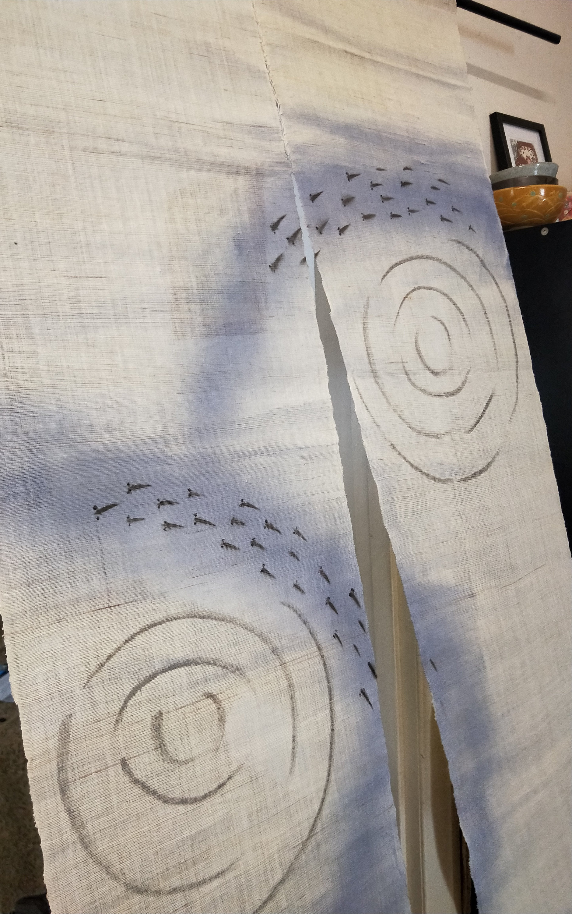 Japanese hemp Noren with 145 cm long 84 cm wide approx little fishes or ...