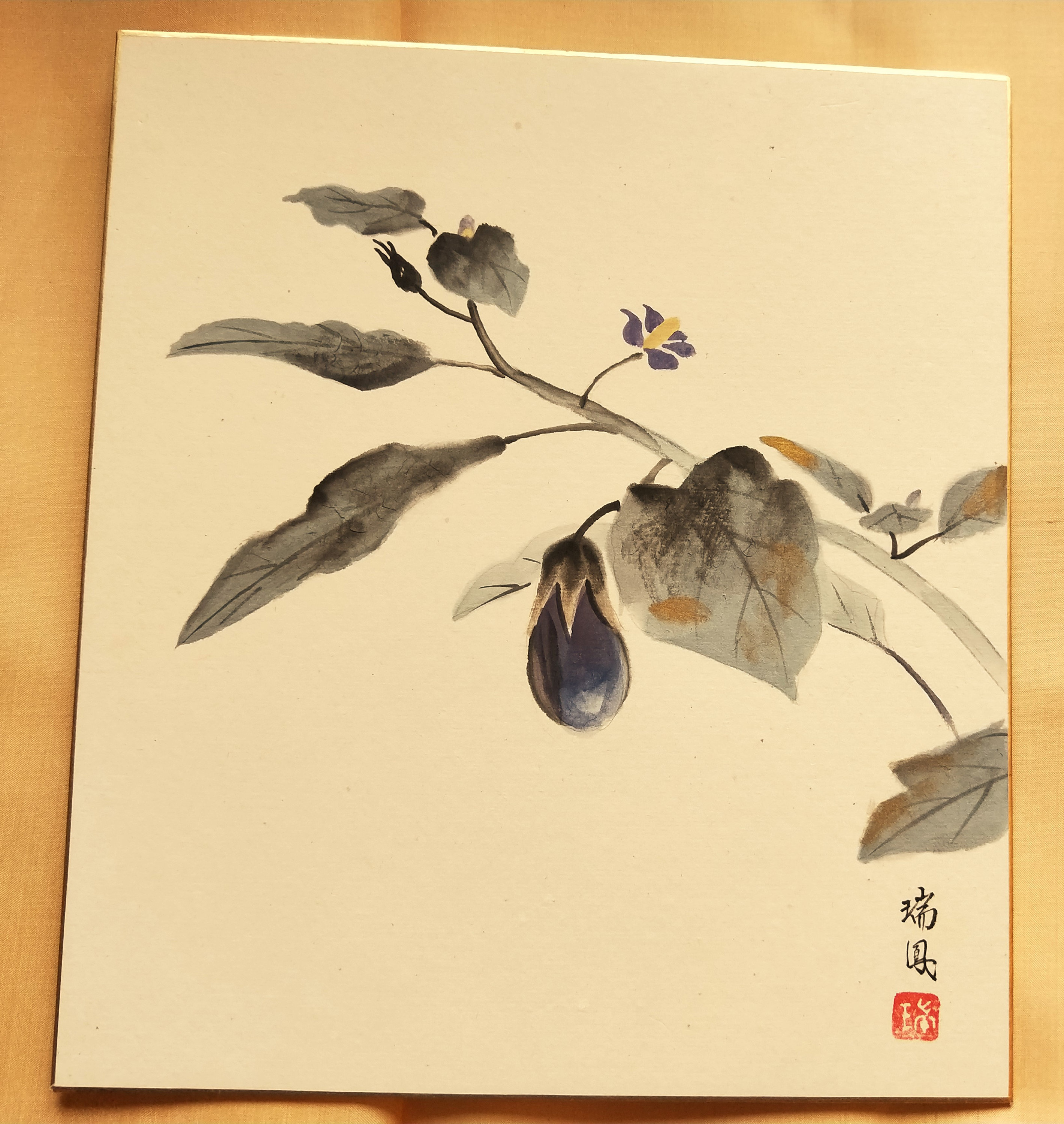 Vintage Hand painted Japanese shikishi paintings eggplant