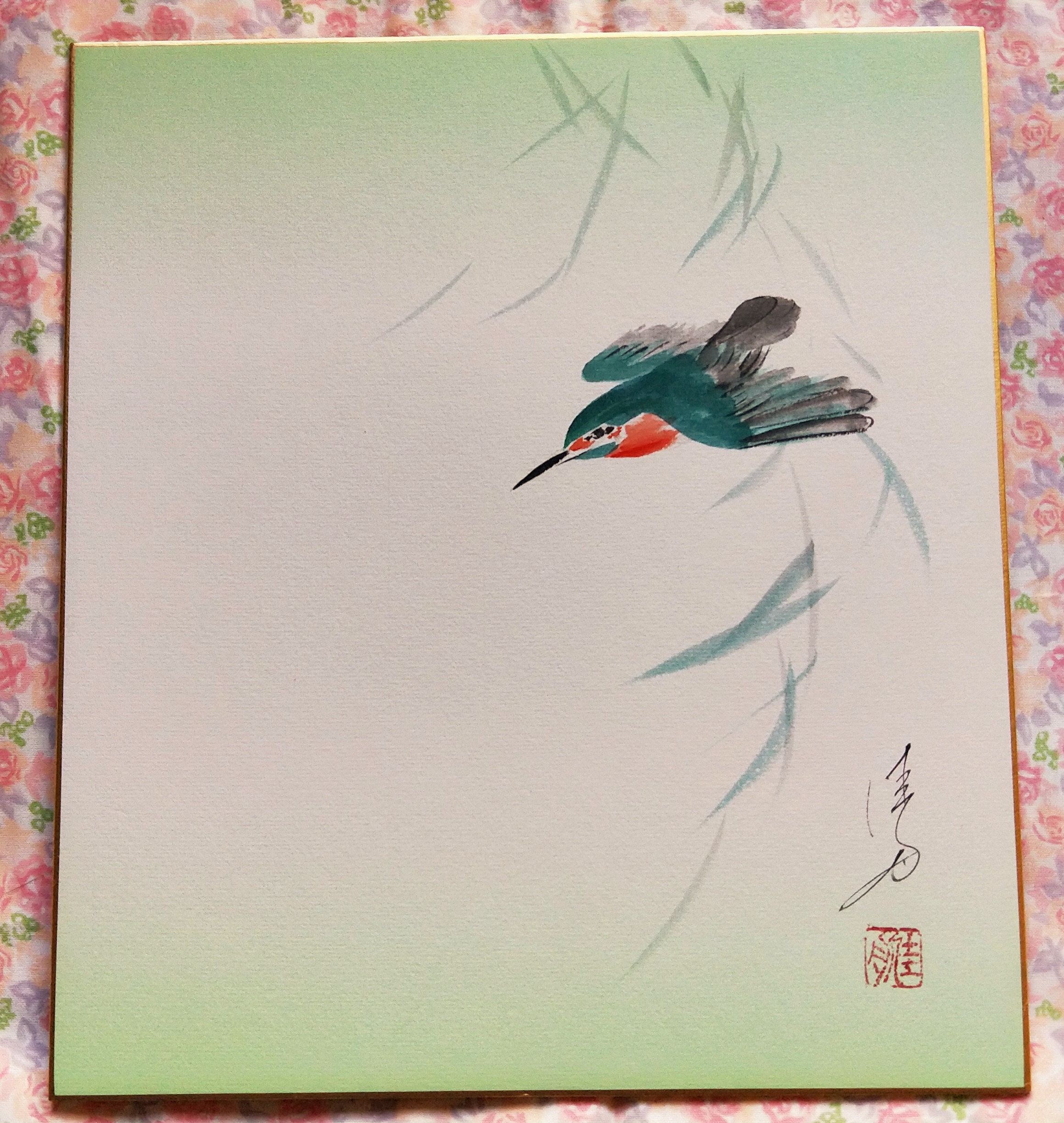 Vintage Hand painted Japanese shikishi paintings bird and willow