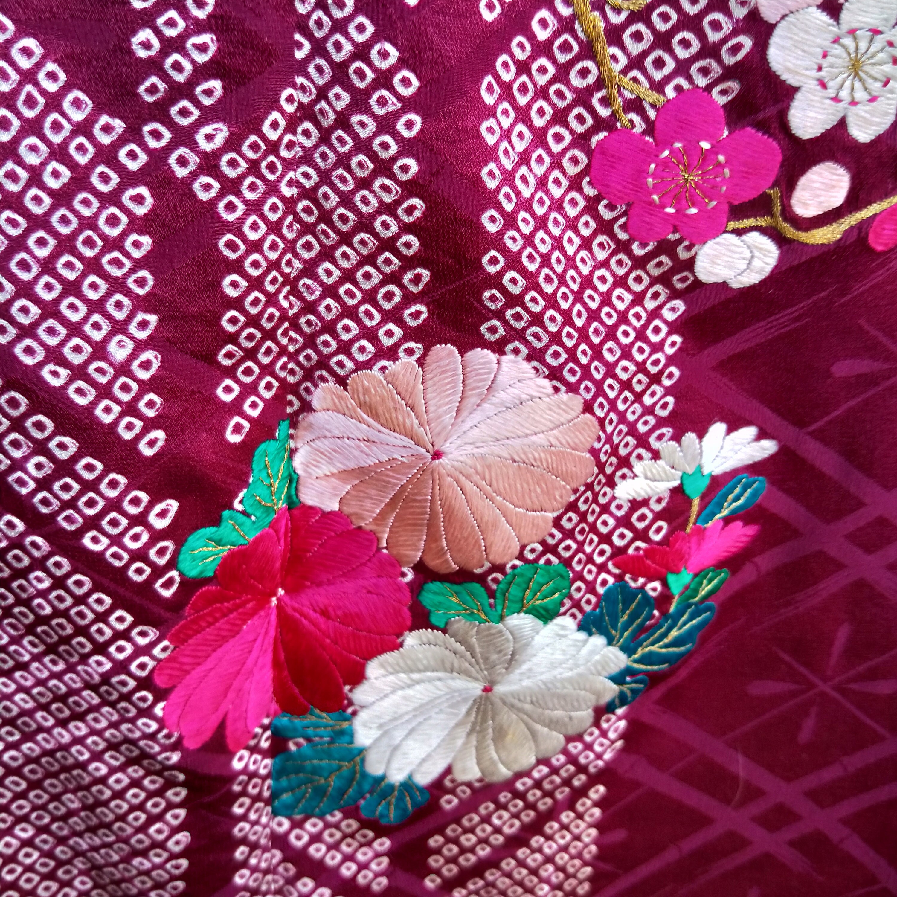Antique Japanese rinzu fine weaves purple wine, silk kimono with ...