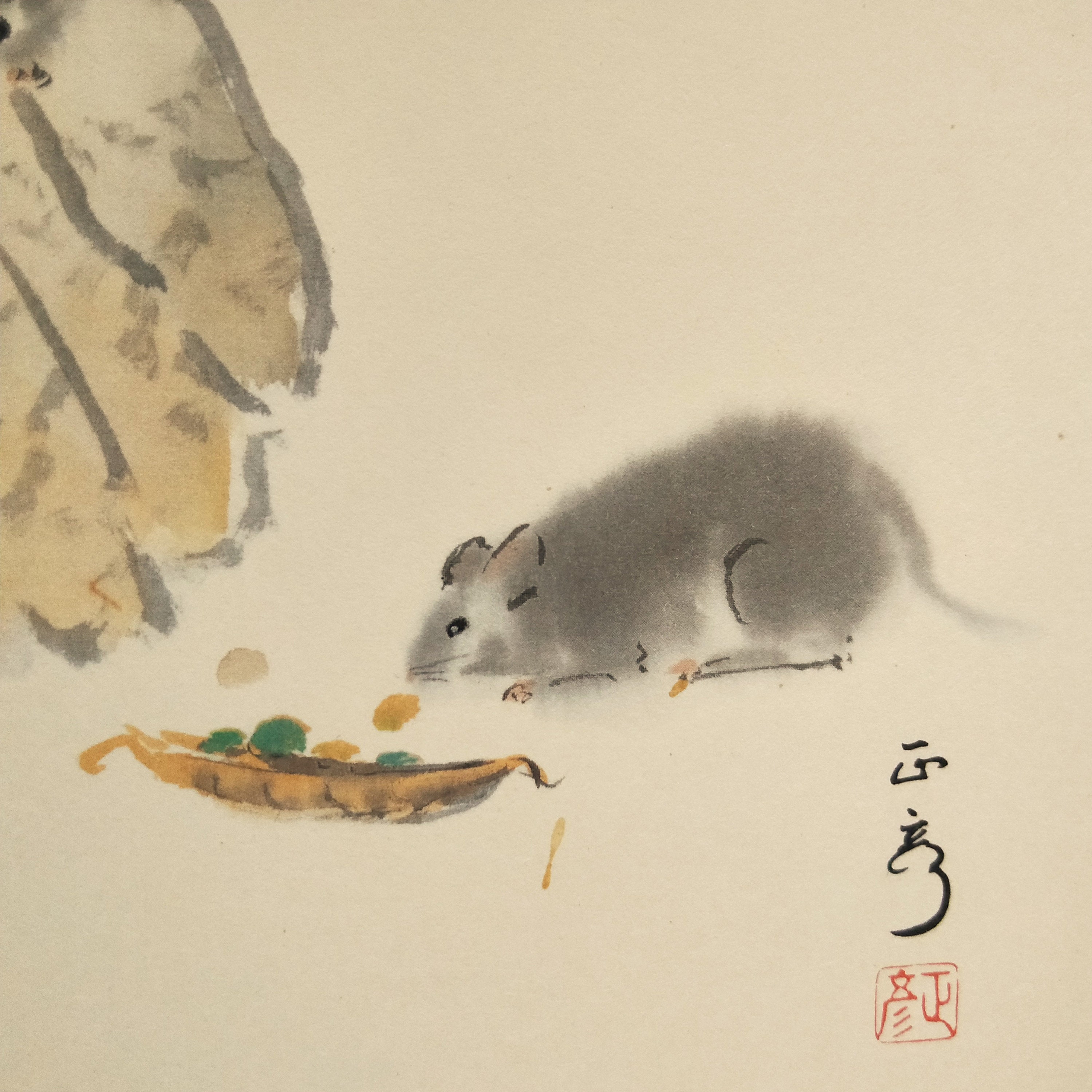 Vintage Japanese shikishi paintings print mouse, mice with pumpkin and ...