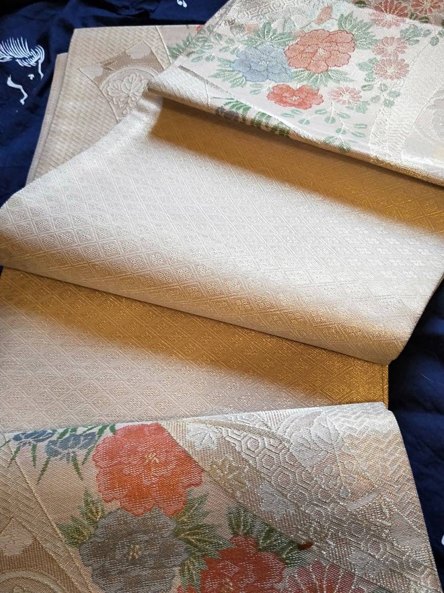 Vintage Japanese fukuro woven birds and peony flowers . Gold reverse.